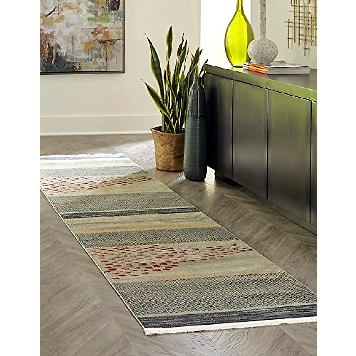 Unique Loom Fars Collection Modern Striped Tribal Inspired Design Area Rug, 2 ft x 6 ft, Light Blue/Beige