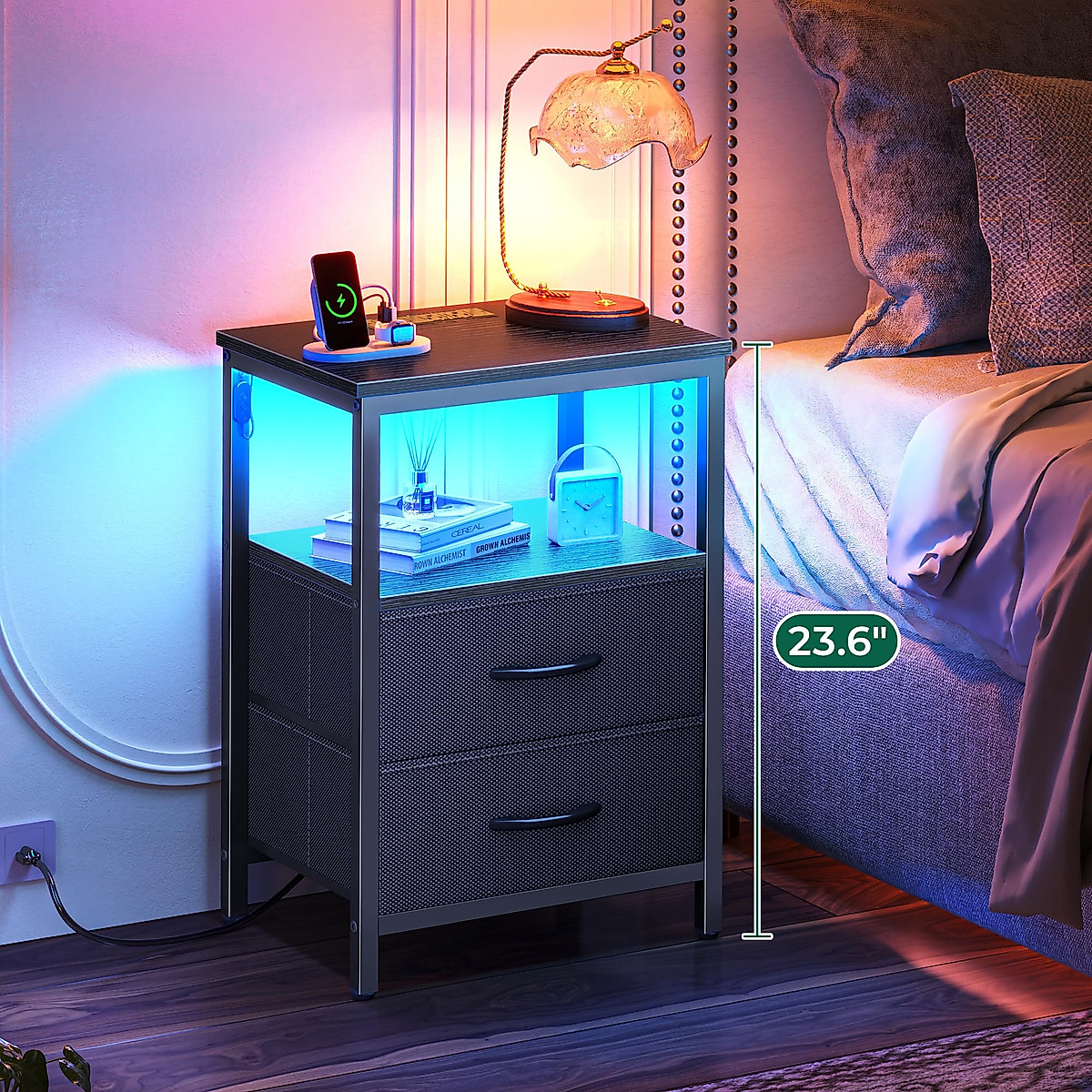 Huuger Night Stand with Charger Station and LED Lights, 2 Drawer Nightstand, Bed Side Table with Open Shelf, End Table, Fabric Dresser for Bedroom, Black