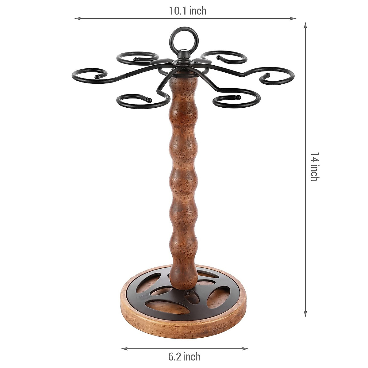 MyGift Brown Solid Wood and Antique Bronze Metal Tabletop Wine Glass Holder with Scrollwork Design, Free Standing Stemware Display Stand, Holds 6 Glasses