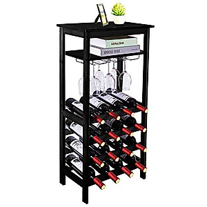 URFORESTIC Bamboo Wine Rack Free Standing Wine Holder Display Shelves with Glass Holder Rack, 16 Bottles Stackable Capacity for Home Kitchen