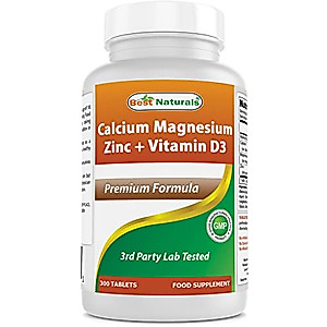 Best Naturals Calcium Magnesium Zinc with Vitamin D3, 300 Tablets - Calcium 1000 mg, Magnesium 400 mg, Zinc 25 mg & D3 600 IU per Serving (3 Tablets)