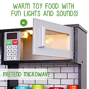 Lil' Jumbl Kids Kitchen Set, Pretend Wooden Play Kitchen, Battery Operated Icemaker, Burners, Faucet & Microwave Makes Realistic Sound & Light, Pots & Pan Included - Charcoal