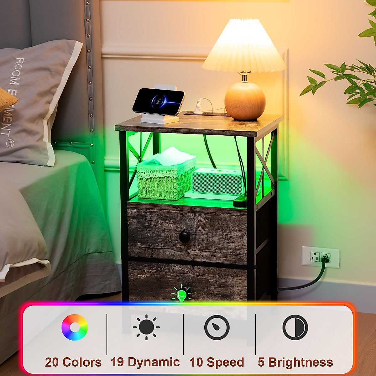 AMHANCIBLE Night Stand Set 2, LED Nightstand with Charging Station, End Tables Living Room with Fabric Drawers, Bedside Table for Bedroom, Ink Grey, HET052LKG