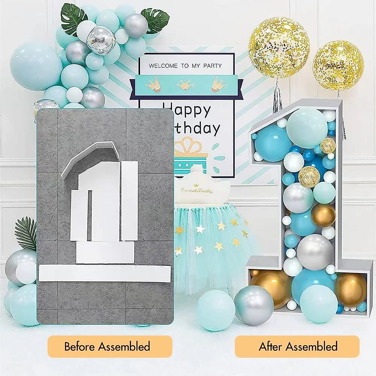 JoyBox Design 3FT Mosaic Balloon Frame Number 1 Light Up Numbers Pre-Cut Kit Thick Foam Board Decoration for Birthdays Anniversary Baby Shower