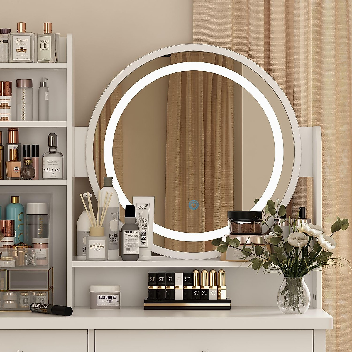 MOUMON Vanity Desk Vanity Mirror Makeup Desk with Lights, Vanity Desk with Mirror and Lights, Makeup Vanity with Drawers and Shelves, Crystal Handles, Cushion Stool, White