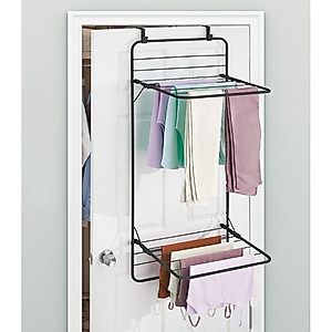 mDesign Steel Collapsible Over The Door, Hanging Laundry Dry Rack Clothes Organizer, 2 Tiers - for Indoor Air-Drying Clothing, Towels, Lingerie, Hosiery, Delicates - Folds Compact - Black