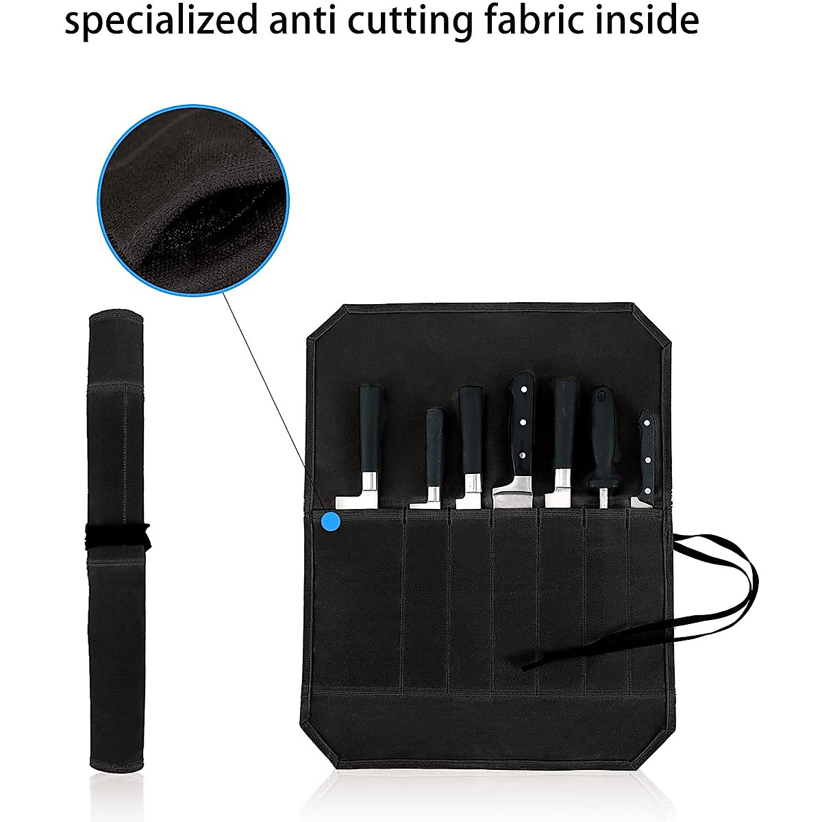 QCWN Waxed Canvas Chef Knife Roll Bag Heavy Duty Knife Roll Case Storage Knife Cutlery Carrier Kitchen Roll Tool Bag Case with 6 Slots Wrapping Strap Best Gift For Cooking Chefs(Black)