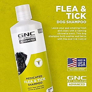 GNC Advanced Medicated Flea & Tick Shampoo for Dogs, 17 oz | Natural Flea & Tick Dog Shampoo Helps Repel Fleas & Ticks | pH Balanced Dog Shampoo in Citronella Scent (FF15156)
