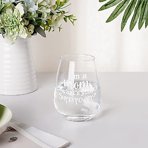 Gtmileo Mom Wine Glass - Funny I'm a Mom What's Your Superpower Stemless Wine Glass, Unique Mother's Day Gift for Mom, New Mom, Mama, Women, Gag Gift Idea for Mother's Day, Birthday, Christmas, 15Oz