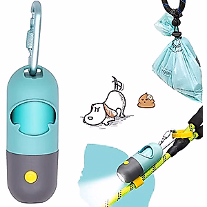 YUCHIYA Dog Poop Bag Dispenser with Flashlight|Dog Poop Bag Holder with Leash Clip|Hands-Free Leash Poop Bag Holder with Straps and 1 Roll Dog Waste Bags (Crystal Blue)