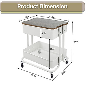 2 Tier Metal Utility Rolling Cart Storage Organizer with Cover Board, Mobile Trolley Sofa Side Table with Wheels for Office Home Kitchen Organization, White
