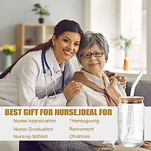 Roshtia Best Nurse Gifts for Women 16 Oz Nurse Glass Cups Mason Jar with Bamboo Lid Glass Straw Nurse Appreciation Gifts Can Cup Tumbler Drinking Bottle for Nursing Birthday Christmas Gift