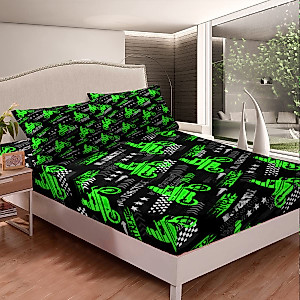 Motorcycle Racing Kids Fitted Sheet Queen Size,Motorbike Extreme Sports Games Bedding Set,Girls Boys Adults Room Decor,Race Flag Black White Bed Cover,Green Bright Bed Sheet,2 Pillowcases