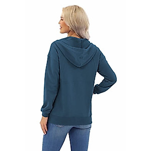 Diukia Women's Casual Button V Neck Solid Color Hooded Sweatshirt 2022 Fall Warm Long Sleeve Hoodie Outwear Fashion Drawstring Pocket Pullover Tops for Ladies Navy Blue S 4-6