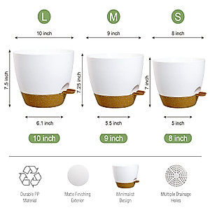 UOUZ 10/9/8 inch Self Watering Pots, Set of 3 Plastic Planters with Mesh Drainage Holes and Deep Reservoir for Indoor Outdoor Garden Plants and Flowers, White with Brown