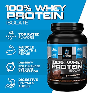 eFlow Nutrition 100% Whey Protein Isolate - Gluten & Lactose-Free Digestive Enzymes Added, Low Carb, Post Workout Shake, Fast Digesting for Optimal Muscle Recovery - Brownie Batter (26 Servings)