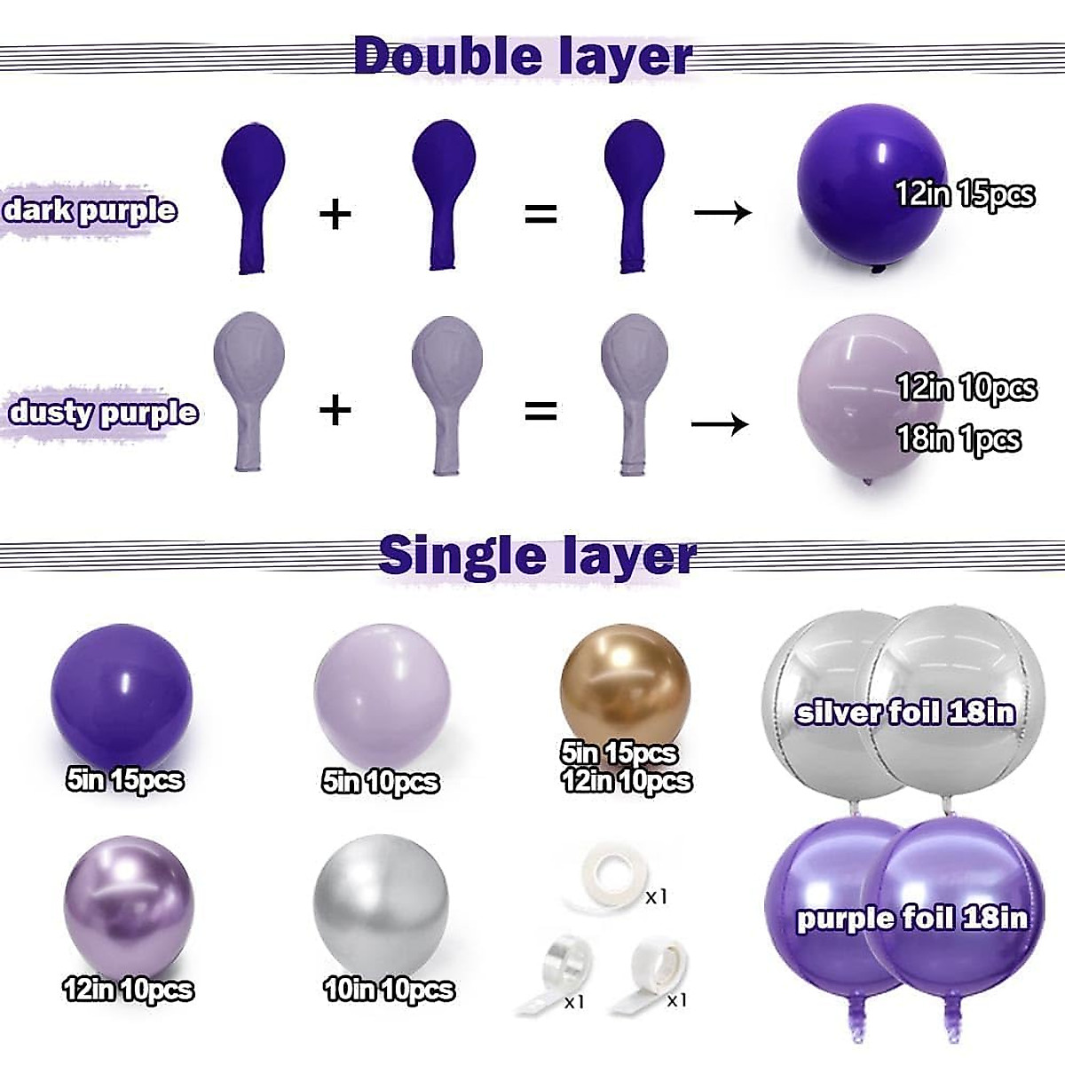 Purple Gold Balloon Arch Kit Double Stuffed Dark Purple Dusty Light Lavender Silver Balloon Garland with 18inch Foil Lilac Balloons for Birthday Baby Shower Bridal Wedding Party Decoration