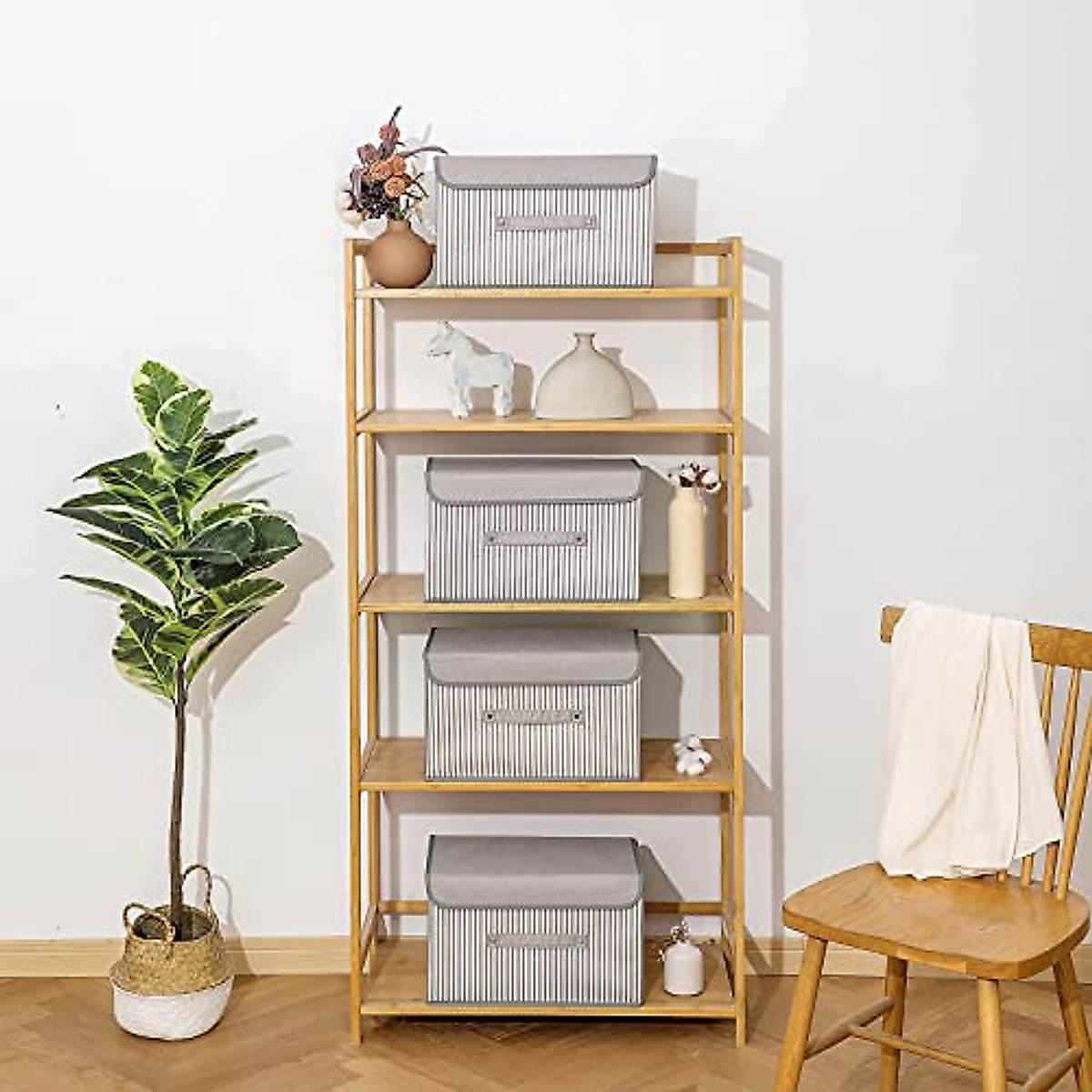 mee'life Foldable Storage Boxes with Lids 2 Pack Linen Fabric Storage Bins with Lids, Closet Organizers and Storage Baskets Cubes for Home Bedroom Closet Office (Grey Stripes, 14.9x9.8x9.8in)