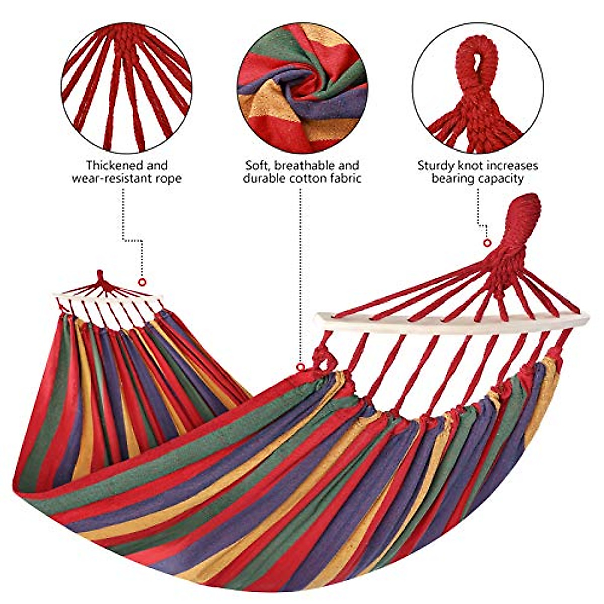 WBHome Brazilian Hammock with Hanging Kits, Tree Hammock for Indoor Outdoor Patio Porch Garden Camping, Cotton Canvas Carrying Bag, Ropes and Carabiners Included (Rainbow Stripe)