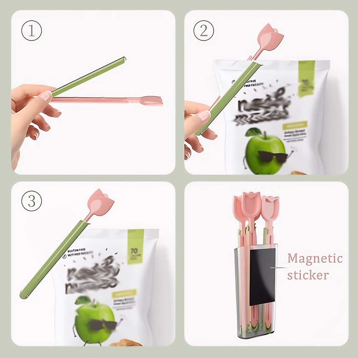 Ouliget Magnetic Refrigerator Sealing Clip,Cute Tulip Shaped Food Packages Clips，Chip Clips with Magnet Storage Box Fridge Magnets, Food Freshness Bag Clip Kitchen Accessories,2 Pieces of 10