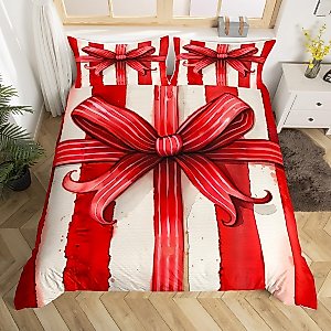 jejeloiu Girls Bowknot Bedding Set Dreamy Princess Style Duvet Cover King Size for Kids Teens Stripes Geometric Comforter Cover Set Christmas Xmas Theme Bedspread Cover with 2 Pillow Case