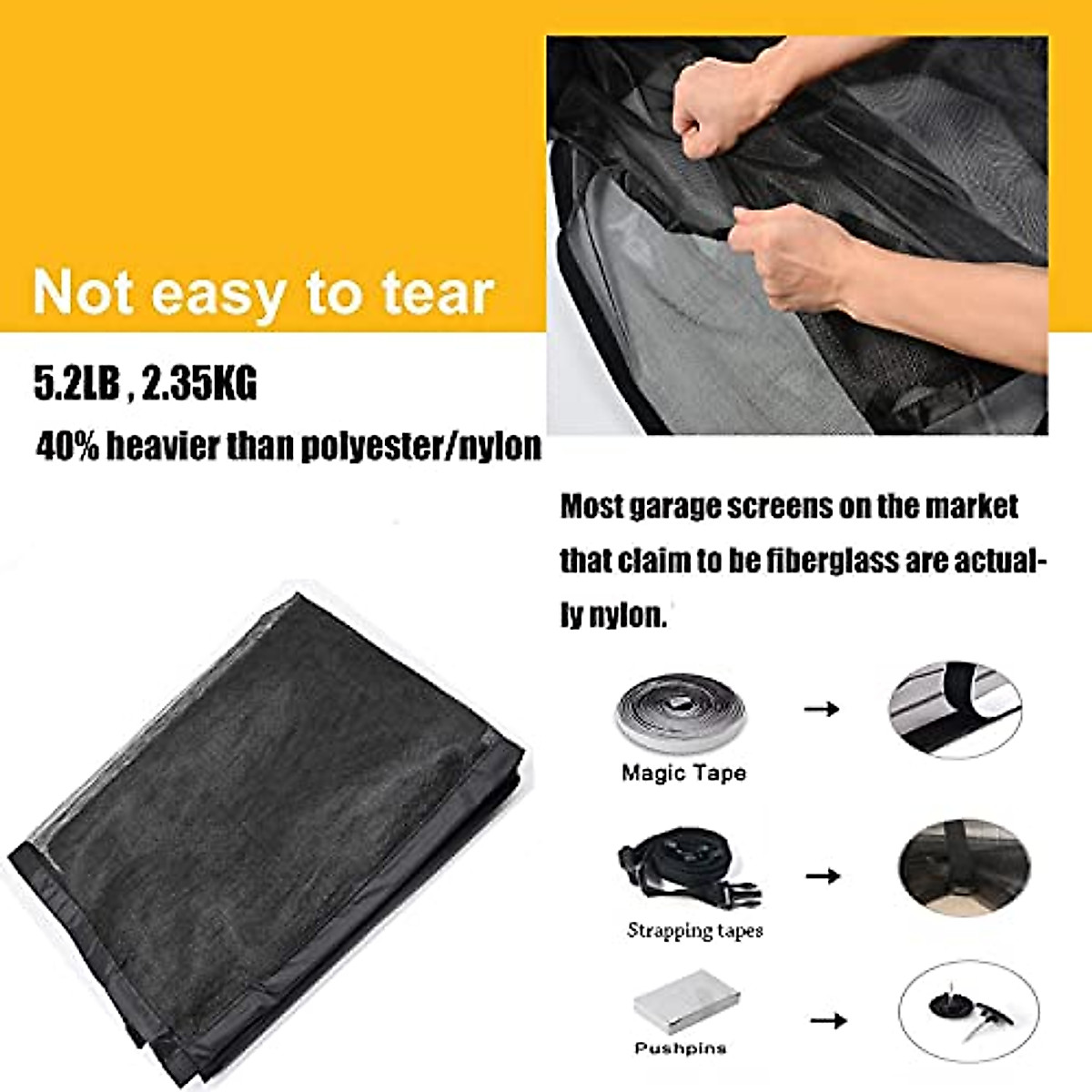 Garage Door Screen for 2 Car 16x7FT- Magnetic Reinforced Fiberglass Garage Door Screen,Stronger 2350g（5.2LB） High Energy Magnets ，Hands Free Magnetic Screen Door Black