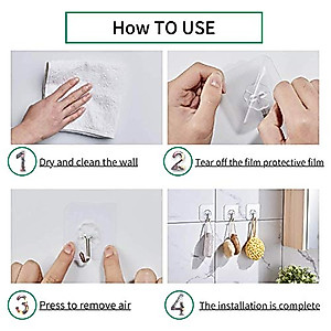 Ayssny Adhesive Hooks Wall Hooks for Hanging, Transparent Utility Hooks Sticky Hooks 44 lb/ 20 kg(Max), Waterproof Reusable Seamless Hooks for Bathroom & Kitchen