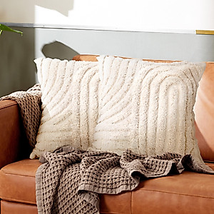 AELS Boho Decorative Textured Throw Pillow Covers 18x18, Set of 2, Modern Abstract Mid Century Rainbow Tufted Pillow Case, Farmhouse Rustic Neutral Woven Cushion Case for Bed Couch Sofa, Creamy White