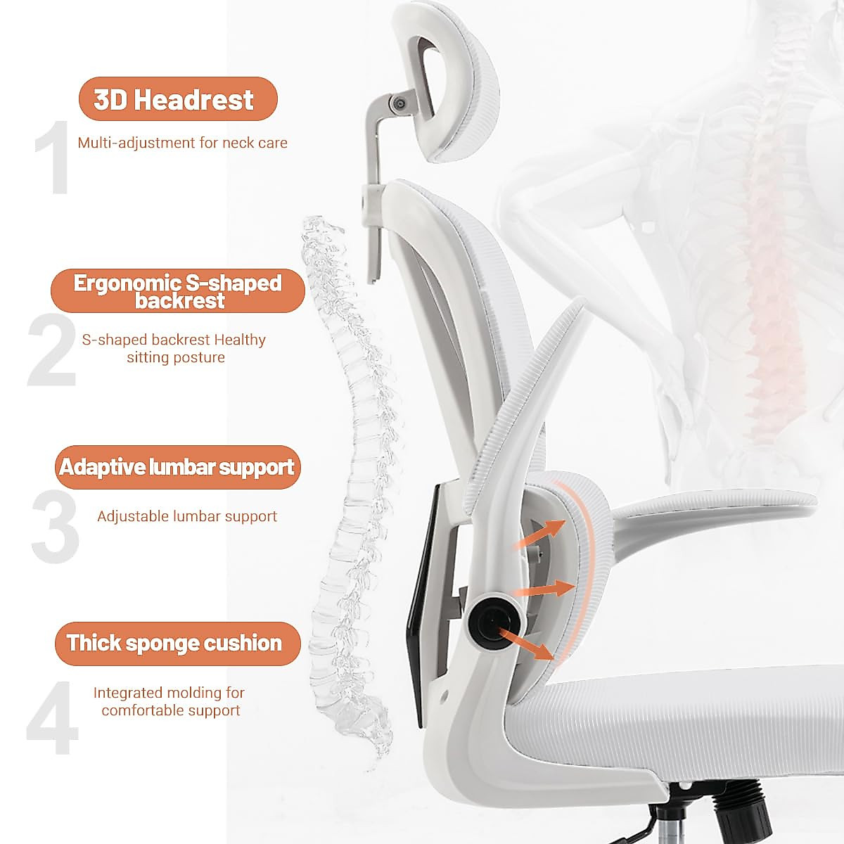 XUEGW Ergonomic Office Chair Comfort Home Desk Chair Adjustable High Back Mesh Chair Lumbar Support Computer Chair with Flip-up Arms for Work, Study, Gaming,White Mesdh Chair