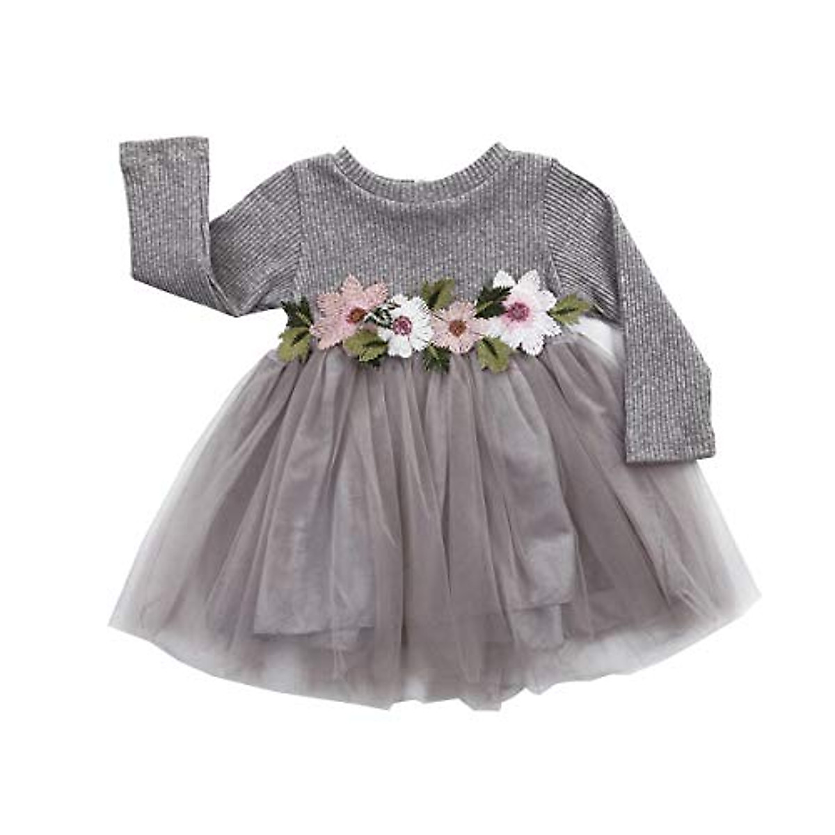 Mubineo Toddler Girl Long Sleeve Knit Dresses Baby Infant Flower Tutu Spring Fall Dress (Grey, 12-18 Months)