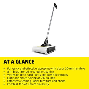 Kärcher KB 5 Electric Floor Sweeper Broom - Multi-Surface - Lightweight and Cordless - Ideal for Fur, Hair, Dirt, & Debris - 8.25" Cleaning Width - White