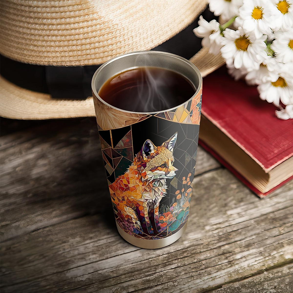 20oz Yellow Citrine Stained Glass Crystal Mosaic Fox Tumbler, Gifts for Fox Lovers, Coffee Thermos for Women, Stainless Steel Double Wall Vacuum Insulated Coffee Mug, Travel Cup with Lid
