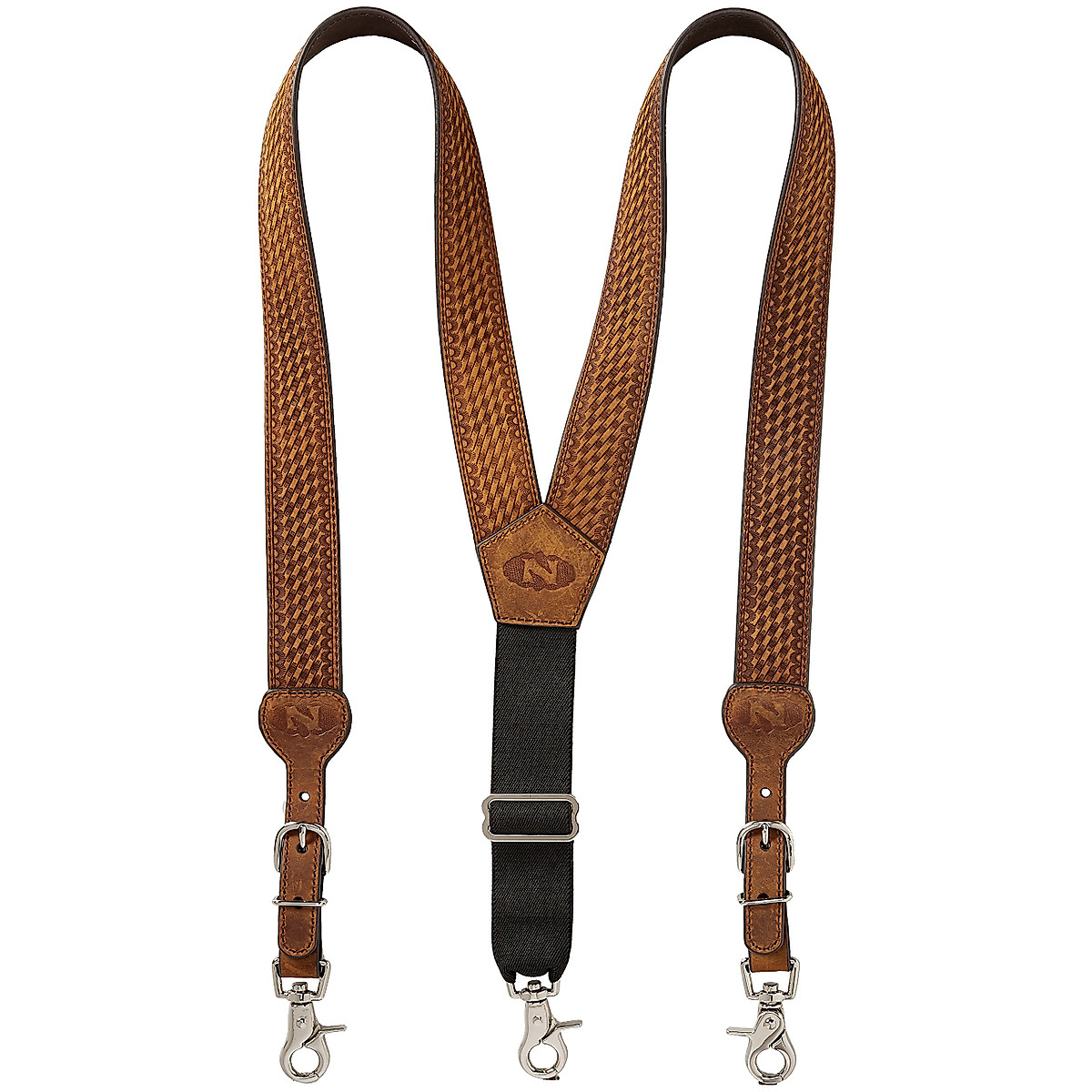 Nocona Belt Co. Men's Standard Gallus Basketweave Embossed Leather Suspenders, Medium Brown, XX-Large