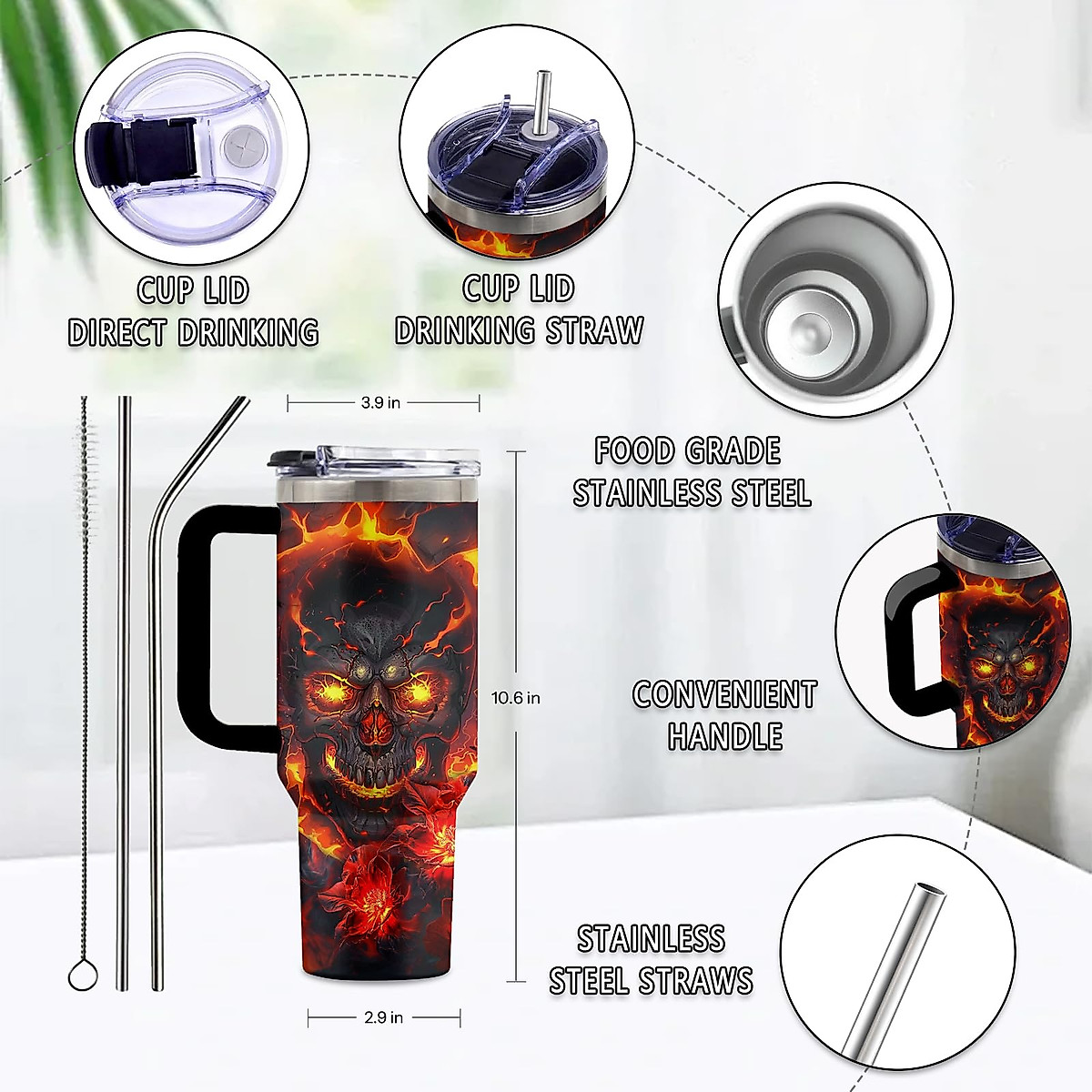 Uibunoo Wicked Cup, 40 Oz Flame Skull Tumbler with Handle & Straw, Wicked Gifts, Birthday Gifts for Horror Lovers Men Women, Stainless Steel Skull Cup, Horror Tumbler