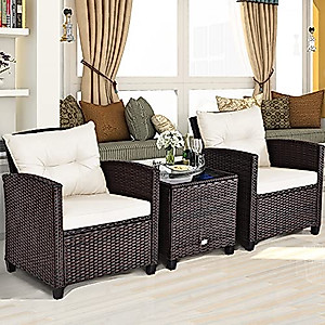 HAPPYGRILL 3 Pieces Patio Conversation Set Outdoor Rattan Wicker Bistro Sofa Set Patio Furniture Set with Washable Chair Cushions and Tempered Glass Top Coffee Table, White