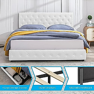Mjkone Upholstered California King Platform Bed Frame with 4 Storage Drawers, PU Leather Modern Bed Frame with Adjustable Headboard, Button Tufted Design/No Box Spring Needed/Easy Assembly (White)