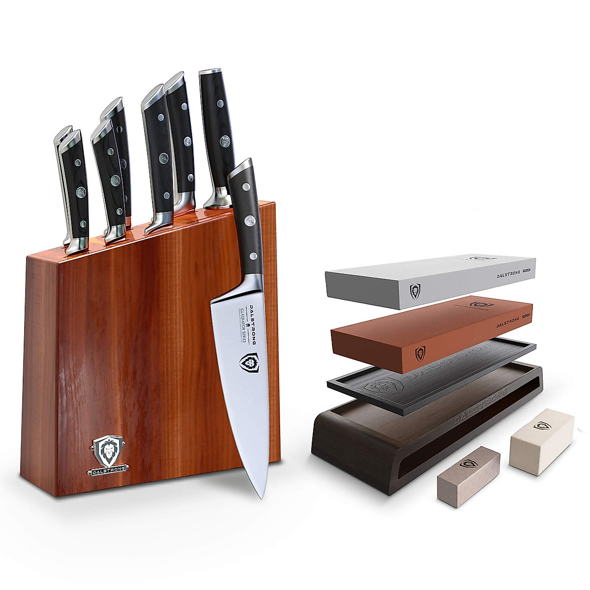The Gladiator Series Elite 8-Piece Knife Block Set Gift Set Bundled with The Dalstrong Premium, Extra-Large Whetstone Kit - #6000/#1000 Grit with Stand