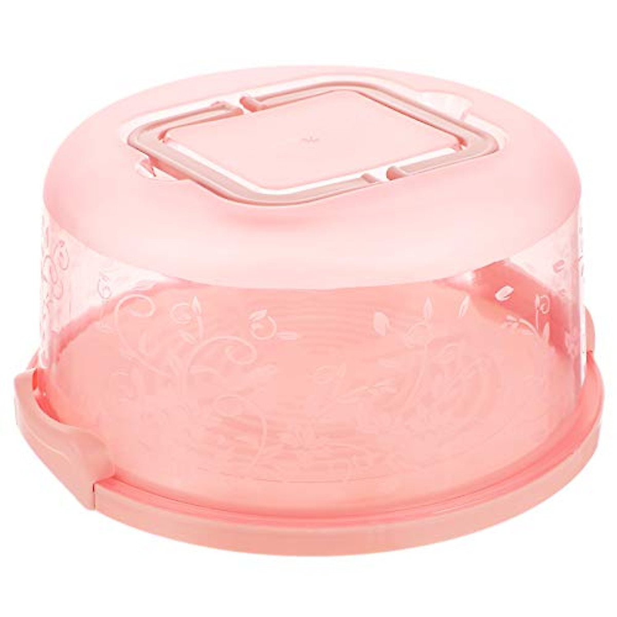 Hemoton Pink Round Cake Box Carrier Plastic Muffin Pie Carrying Box Bakery Dessert Container Holder with Handle Snap Cake Box Keeper 25X25X13CM