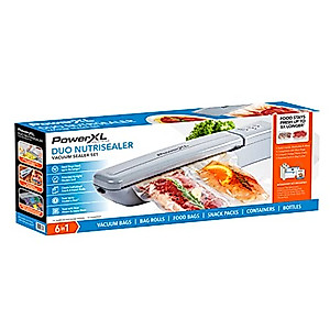PowerXL Duo NutriSealer Food Vacuum Sealer Machine with Vacuum Seal Bags & Rolls, Double Airtight Sealing with Built-in Cutter, Small Snack Bag Capability, Safety Certified, Lab Tested, LED Indicator Lights, 11 inch (Slate)