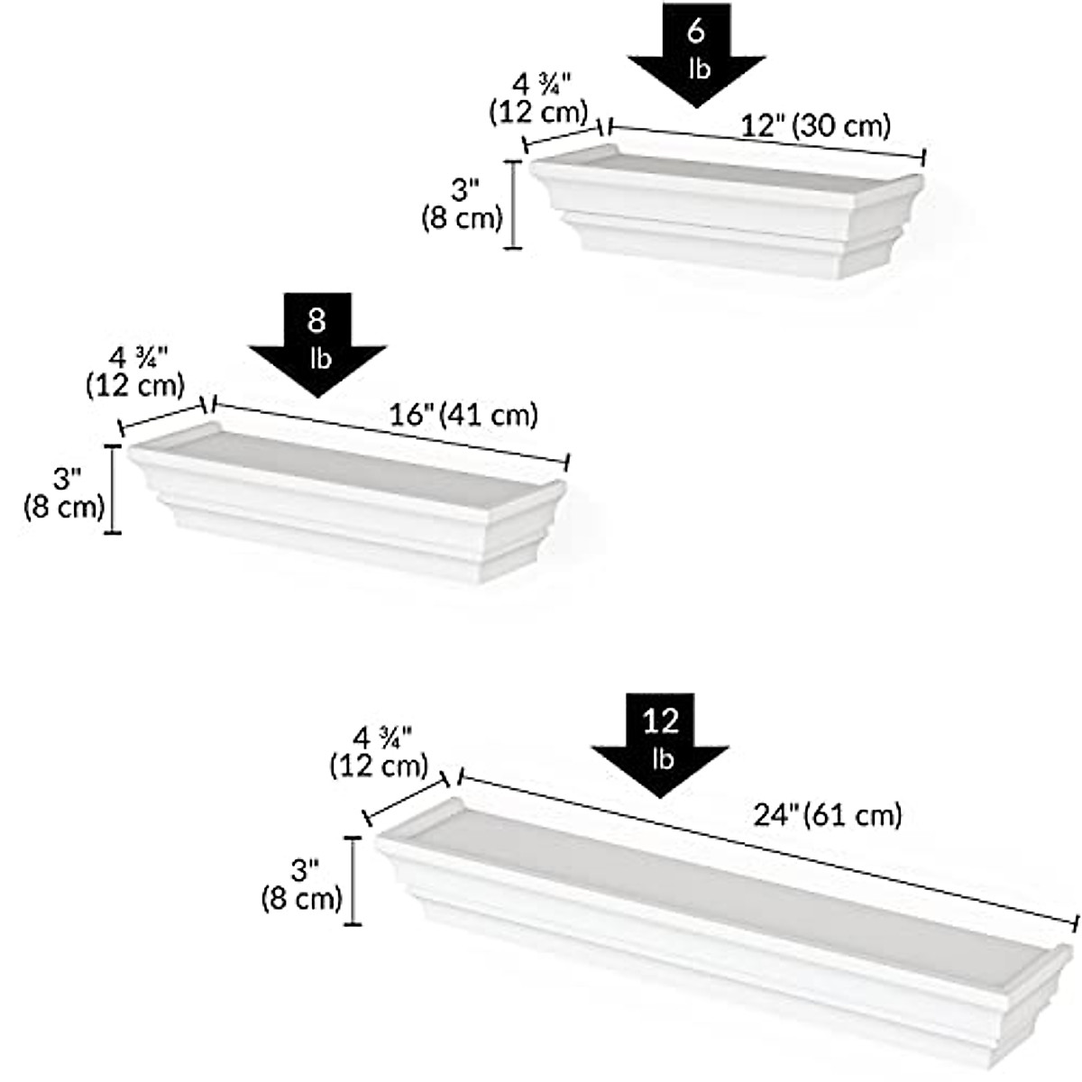 Ballucci Victorian Wall Ledge and Shelf, 12", 16", 24", Set of 3, White