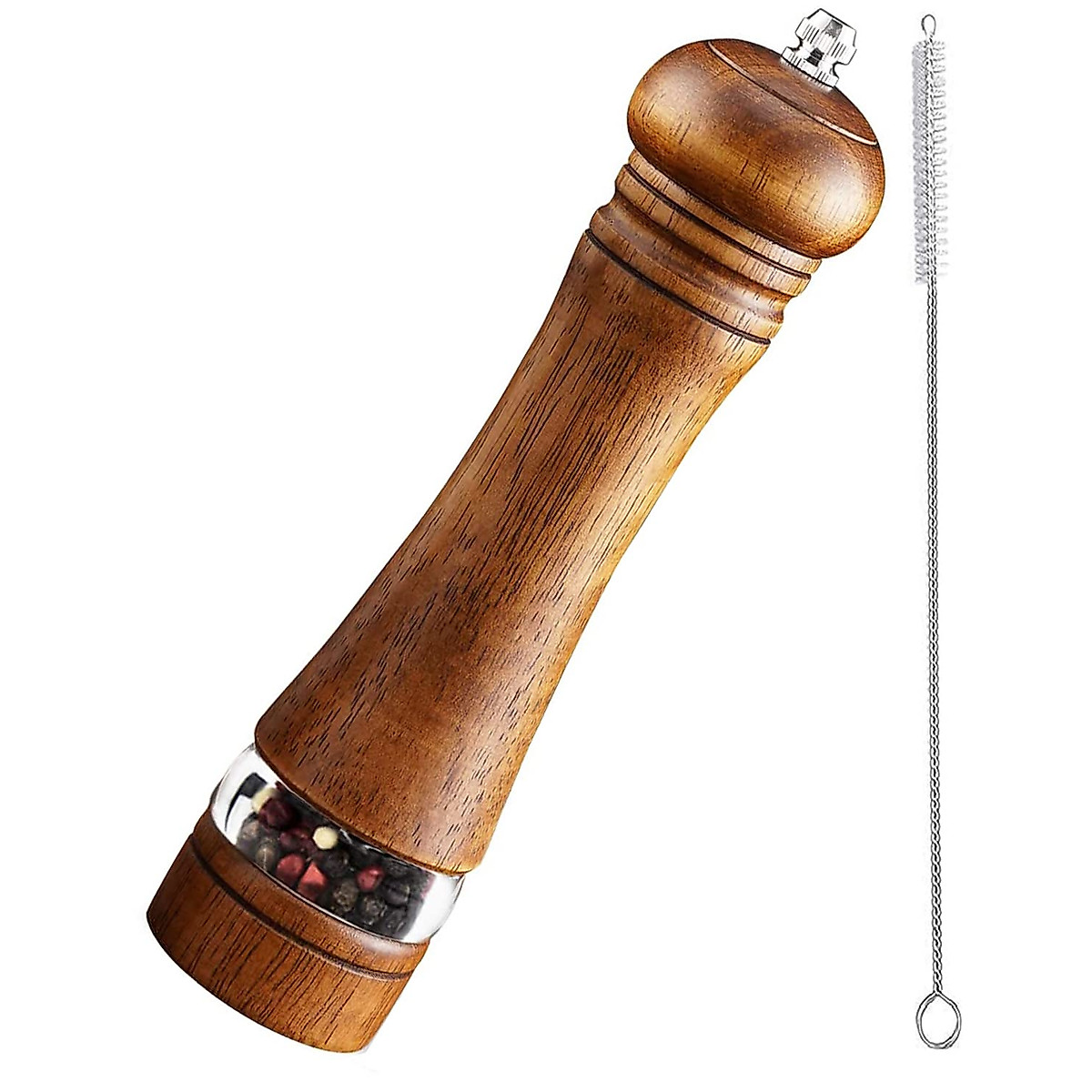 TooWoom Pepper Grinder Salt Grinder Wooden Pepper Mill Grinder w/Adjustable Coarse, 8 inch Tall Wood Refillable Manual Pepper Grinder Mill Peppermill for Black Peppercorn, Easy Clean w/Cleaning Brush