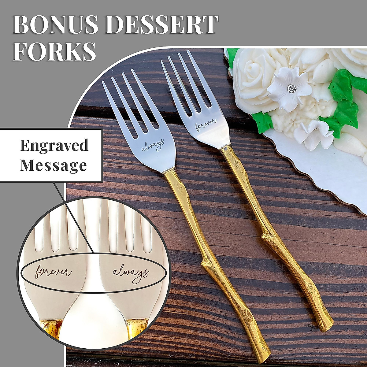 Heartfelt Homie Wedding Cake Knife and Server Set - 4 PC Cake Cutting Set with Gold Twig Leaf Handles - Pie server, Cake knife, Engraved forks for Wedding Cake Cutting - Engagement, Bridal Gifts