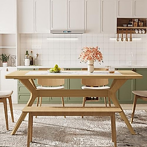 Tribesigns 63-inch Dining Table for 6, Modern Rectangular Dinner Table, Large Kitchen Table with X-Shaped Solid Wood Legs and Faux Marble Tabletop, for Dining Room, Kitchen (Oak and White Marble)