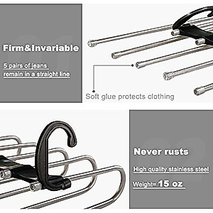 WAOU Massy Pants Hangers Multi-Layer Hanging Pants 5 in 1 Pants Rack Stainless Steel Pants Hangers Folding Storage Rack Space Saver Storage for Trousers Scarf Tie Belt Adjustable Black (2 Pack)