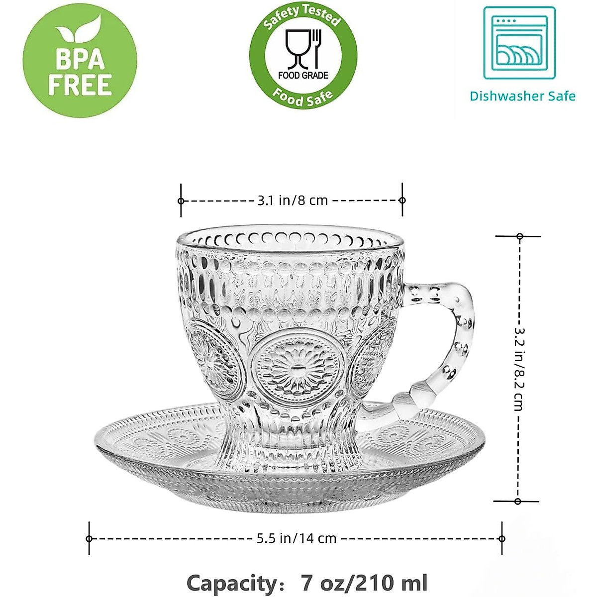 cosnou Vintage Glass Tea Cups with Saucers, Glass Mugs 7 Oz Set of 6 Espresso Coffee Embossed Glassware with Handle, for Cappuccino, Latte, Cereal, Yogurt, Beverage Hot/Cold, Milk…