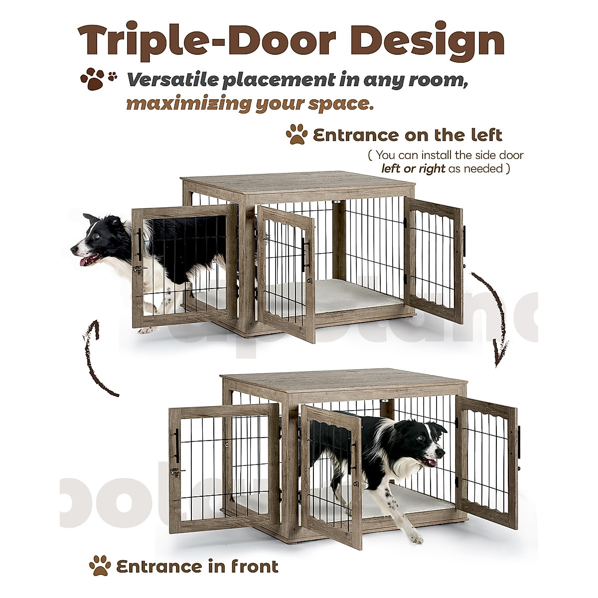 Upolana Large Dog Crate Furniture, 38 inch Dog Crates with Bed Pad, Wooden Dog Kennel Furniture, End Table Dog Cage with 3 Doors, Greige S35812