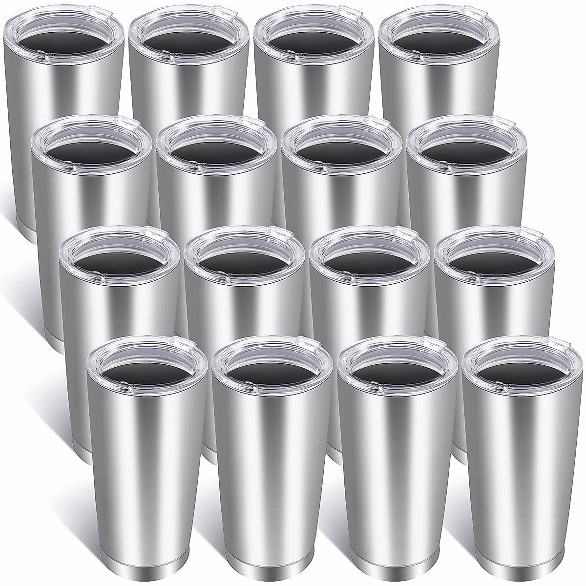 Potchen 16 Pcs 20 oz Stainless Steel Tumbler Bulk with Lids, Double Layered Vacuum Coffee Tumbler Cup Insulated Coated Travel Mug Tumblers for Coffee, Beverages, Hot Cold Drinks(20 oz)