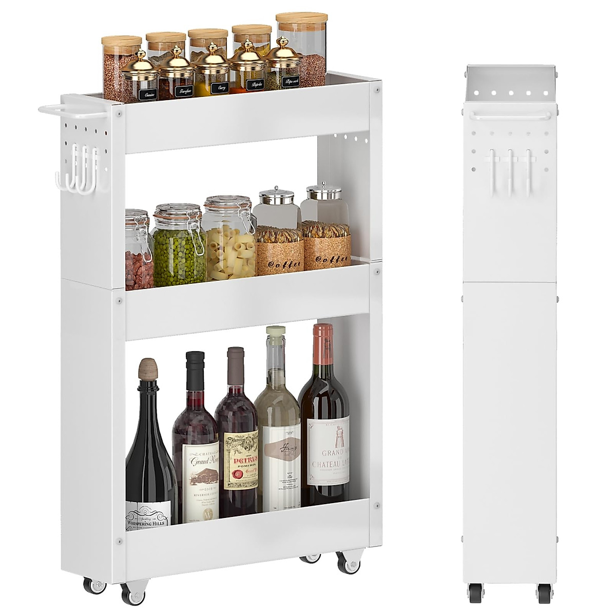 XYZLVSI Slim Storage Cart, 5 in Width, 3-Tier White Rolling Cart with Handle for Kitchen Bathroom Laundry Narrow Places