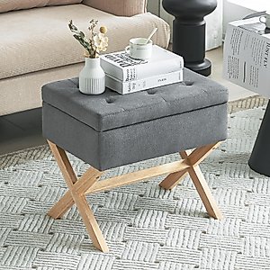Furniliving Linen Storage Ottoman Square Ottoman Button-Tufted Foot Stool with Wooden X Legs, Modern Footrest Rectangle Vanity Stool, Makeup Stool for Living Room, Bedroom (Grey)