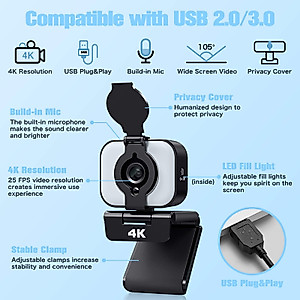 2021 New Version 4K Upgraded Webcam with Adjustable Fill Light and Privacy Cover USB Camera with Microphone Wide Screen Pro Streaming Desktop Laptop Mac Webcam for Face Time Streaming and Conferencing